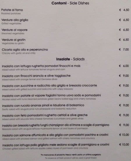 Menu at Target restaurant, Rome