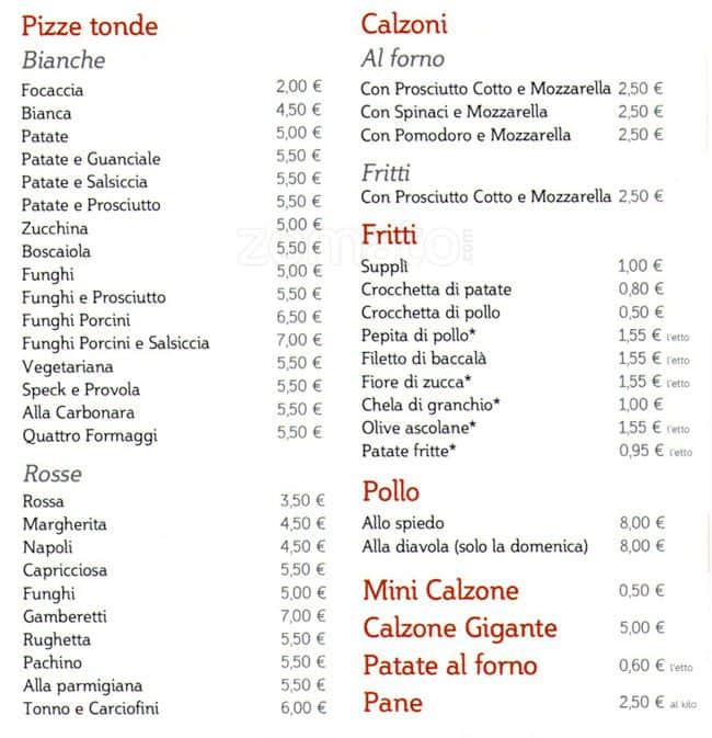 Menu at Da Remo pizzeria, Rome, Viale dei Monfortani
