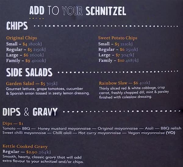 Menu at Schnitz fast food, Melbourne, 134 Spencer St
