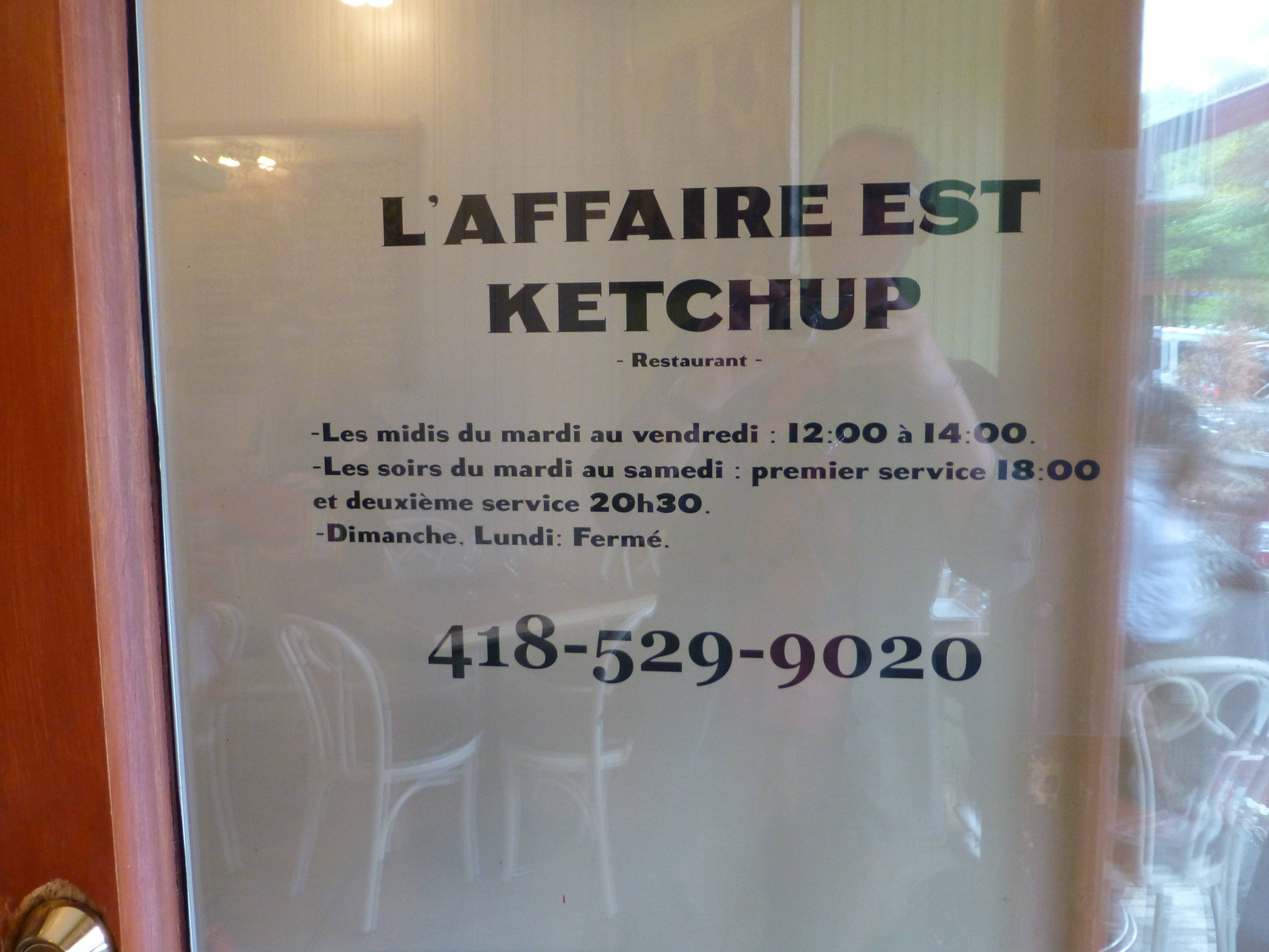 Menu au L'Affaire est ketchup restaurant, Québec