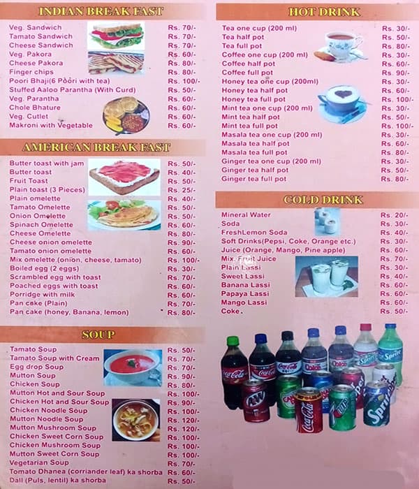 Menu at Green Park, Agra