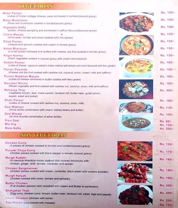 Menu at Green Park, Agra