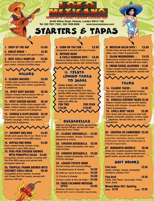 Menu at Loco Mexicano restaurant, London, 64-65 Wilton Rd