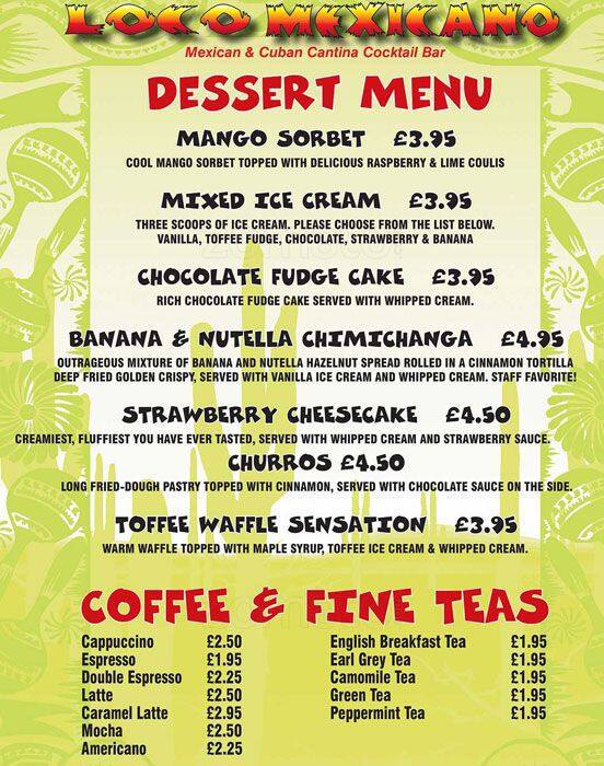Menu at Loco Mexicano restaurant, London, 64-65 Wilton Rd