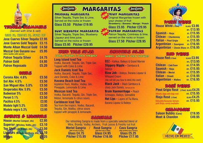 Menu at Loco Mexicano restaurant, London, 64-65 Wilton Rd