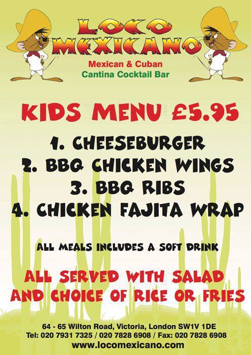 Menu at Loco Mexicano restaurant, London, 64-65 Wilton Rd