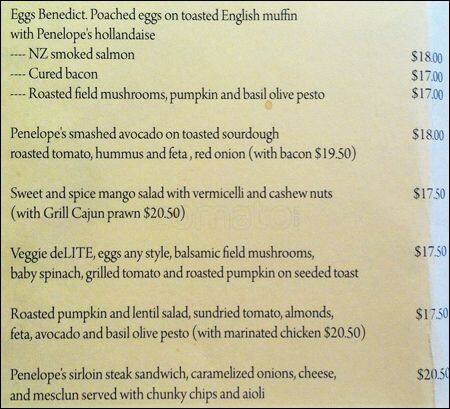 Menu at Penelope cafe, Auckland