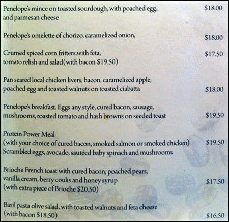 Menu at Penelope cafe, Auckland