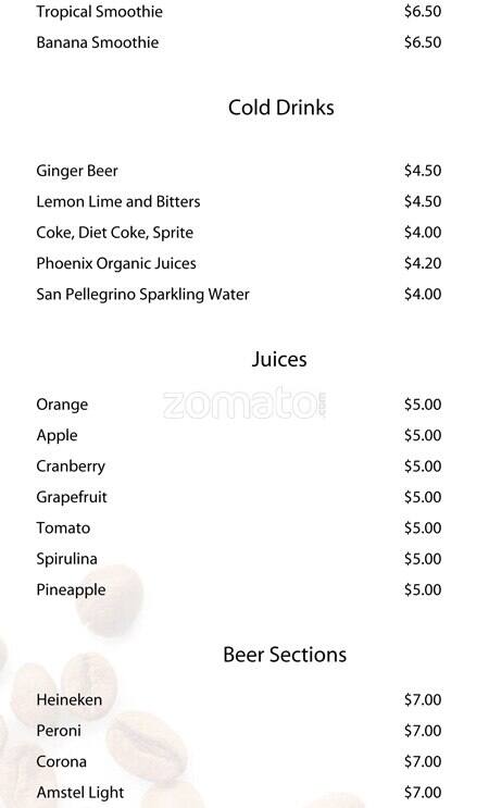 Menu at Penelope cafe, Auckland