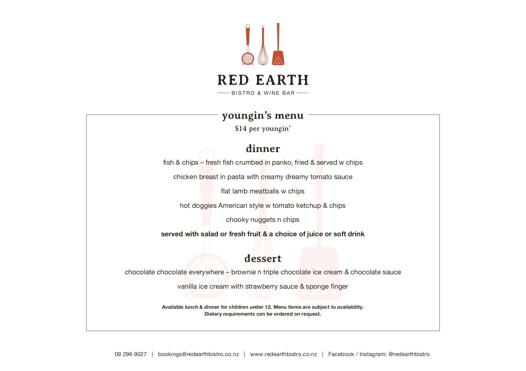 Menu at Red Earth Bistro and Wine Bar, Auckland
