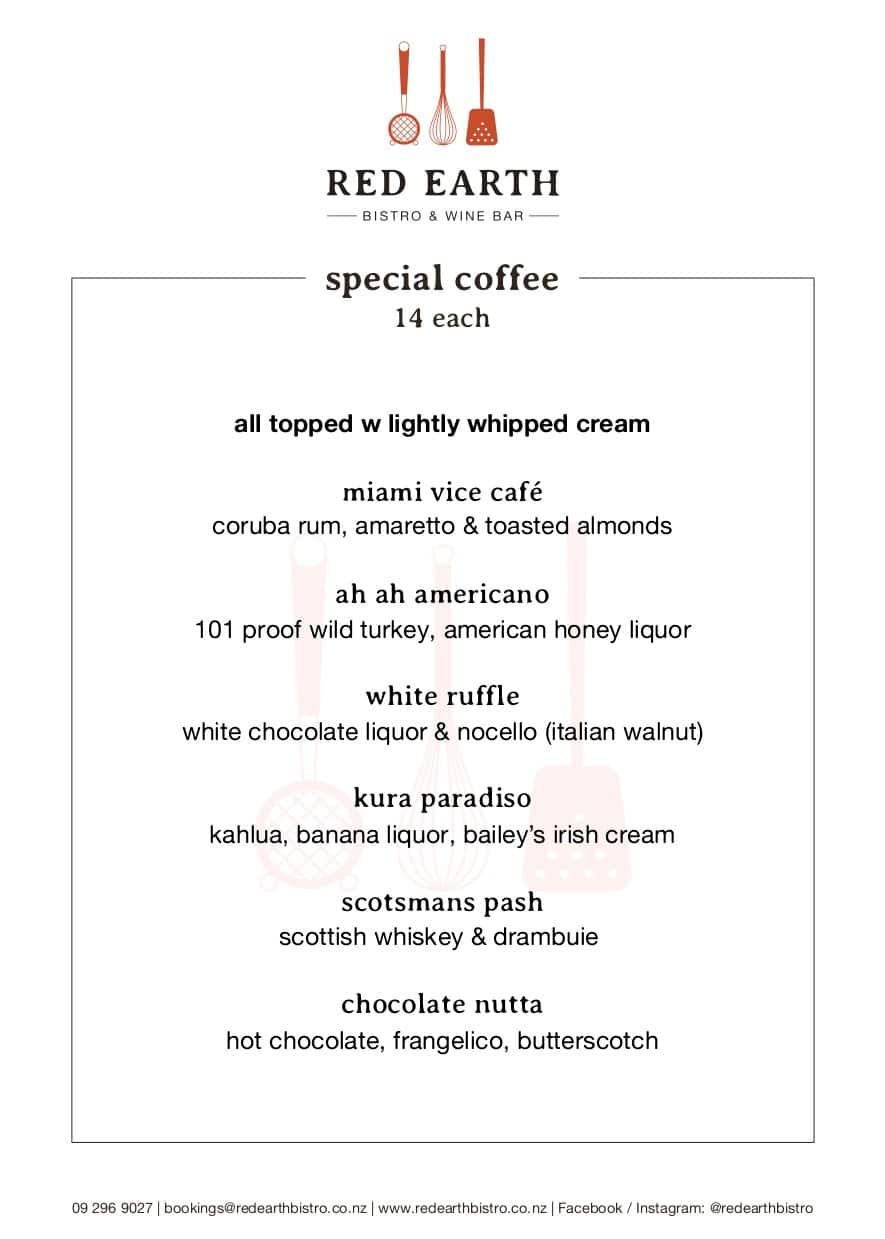 Menu at Red Earth Bistro and Wine Bar, Auckland