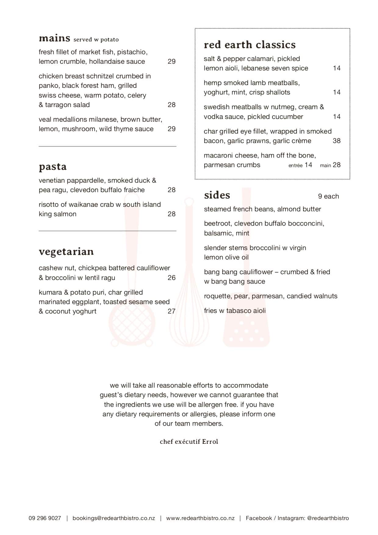Menu at Red Earth Bistro and Wine Bar, Auckland