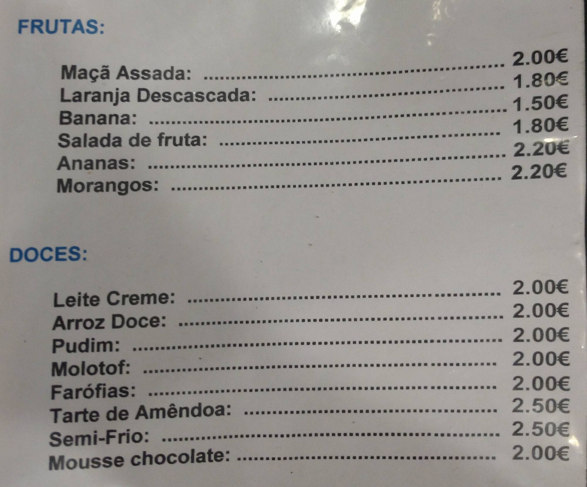 Menu at Pérola do Tejo restaurant, Lisbon