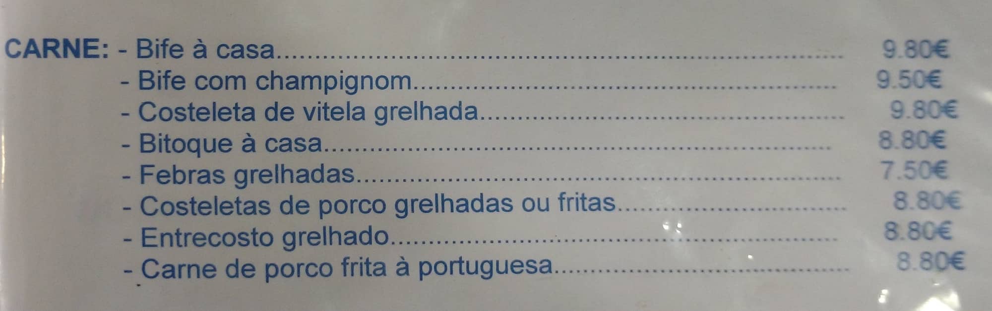 Menu at Pérola do Tejo restaurant, Lisbon