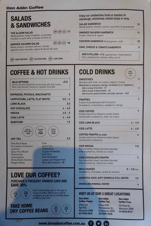 Menu at Don Adan Coffee House, Mosman, 5 Spit Rd