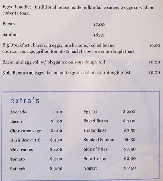 Menu at The Beach Shack Cafe, Currumbin