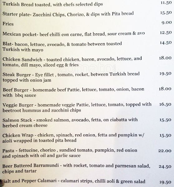 Menu at The Beach Shack Cafe, Currumbin