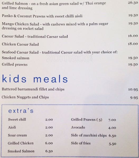 Menu at The Beach Shack Cafe, Currumbin