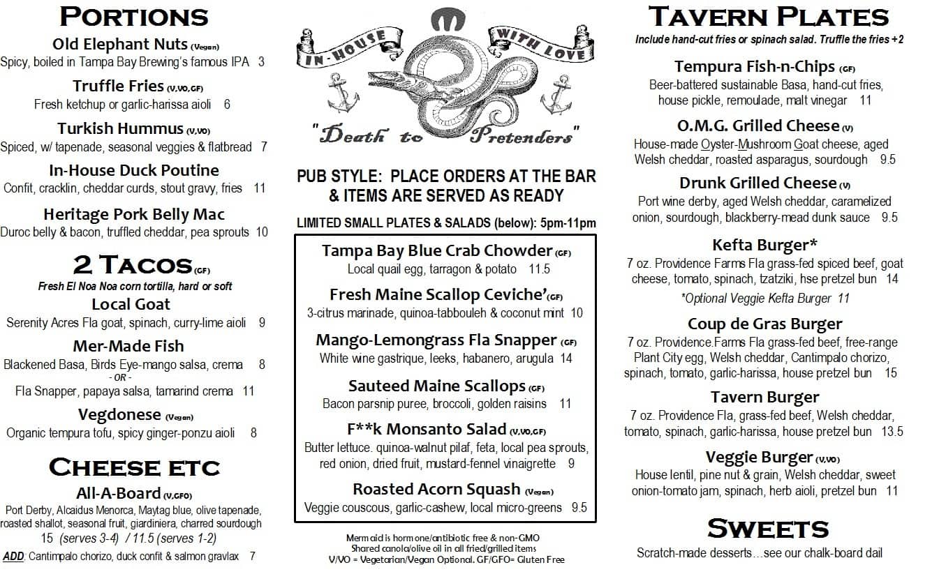 Menu at The Mermaid Tavern pub & bar, Tampa