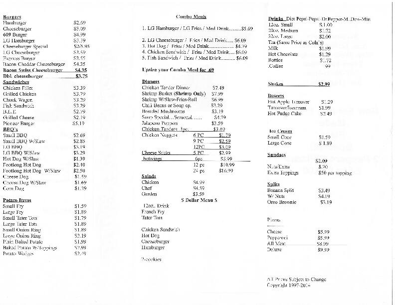 Menu at Burger Express restaurant, Max Meadows