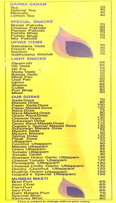 Gopala's The Prasadam Menu - Zomato