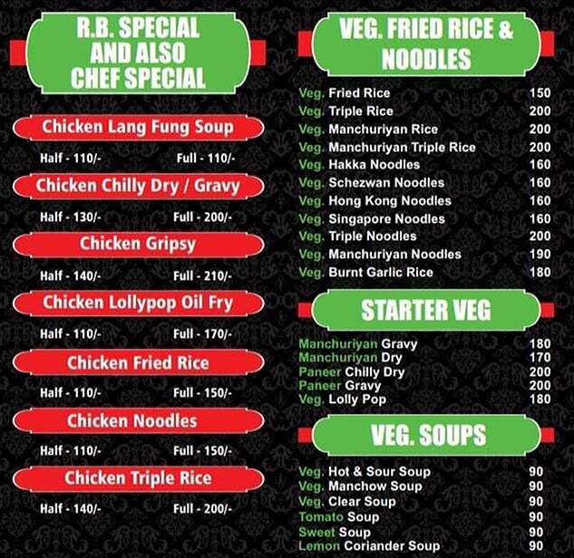 Menu of RB Chinese Fast Food, Sion, Mumbai