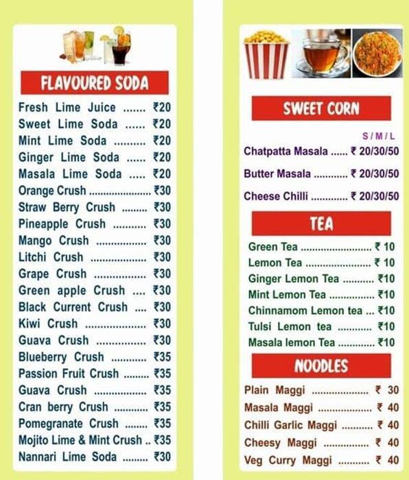 Menu of Refresh O, Banaswadi, Bangalore
