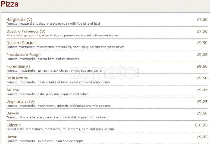 Menu at La nonna pizzeria, London, 213-217 The Broadway