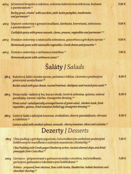 Menu at NTC Stage Restaurant, Bratislava