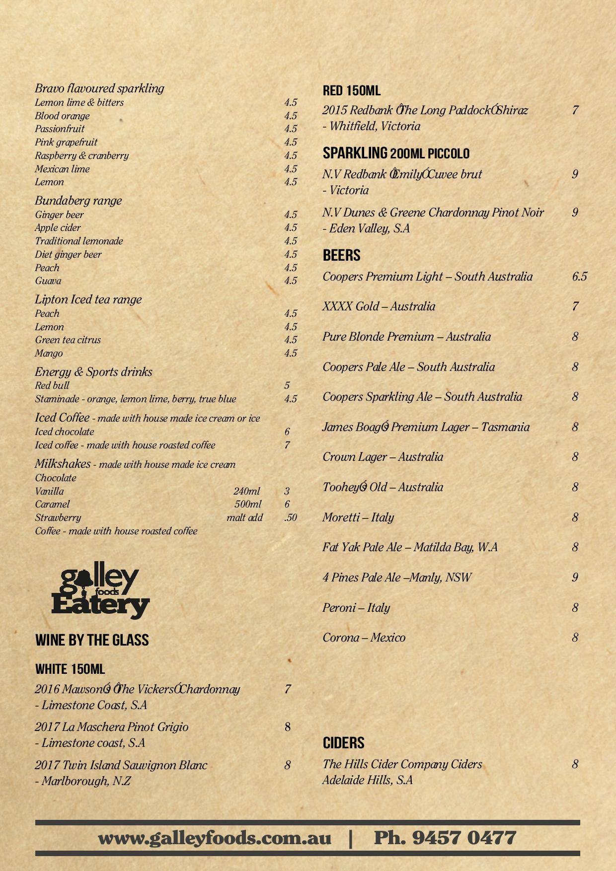 Menu at Galley Foods Eatery cafe, North Turramurra