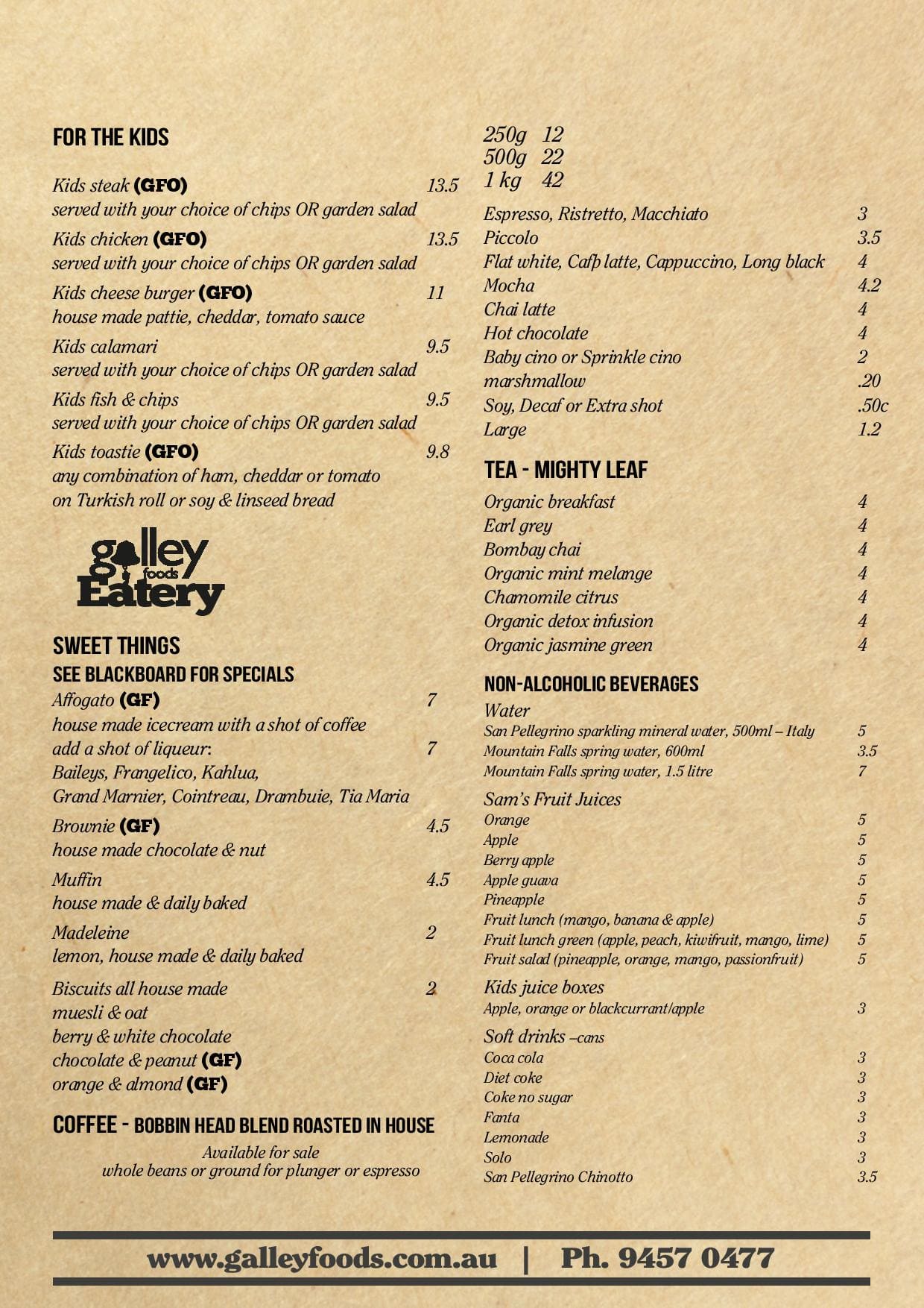 Menu at Galley Foods Eatery cafe, North Turramurra