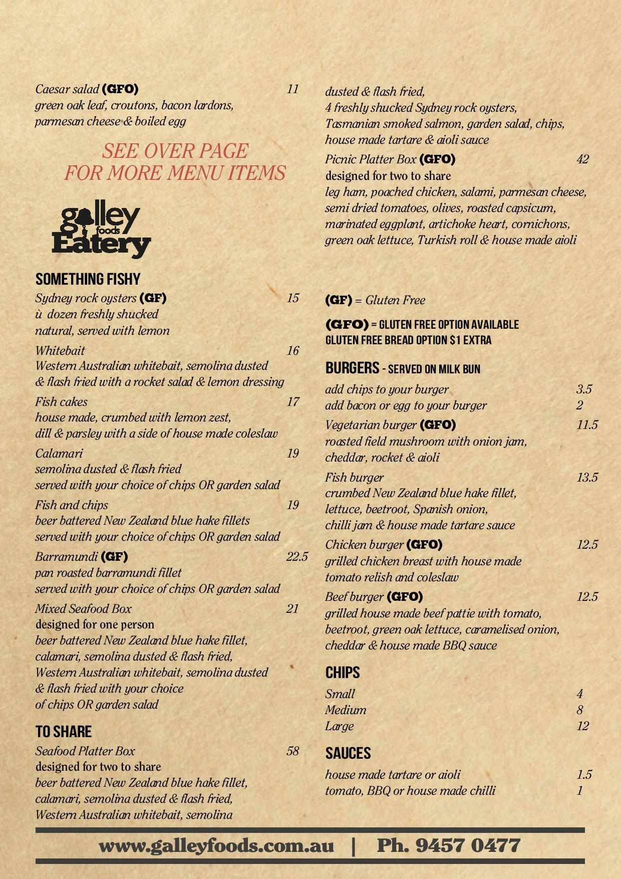 Menu at Galley Foods Eatery cafe, North Turramurra