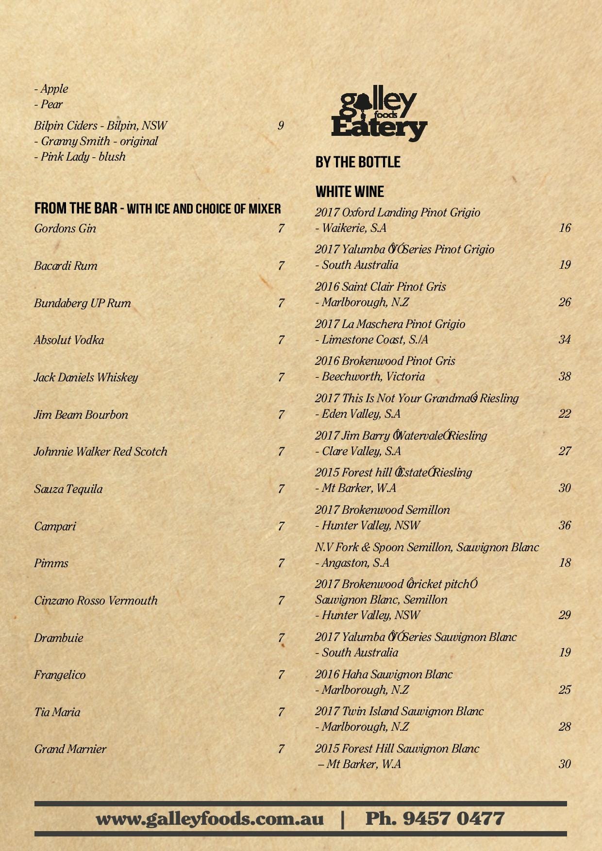 Menu at Galley Foods Eatery cafe, North Turramurra