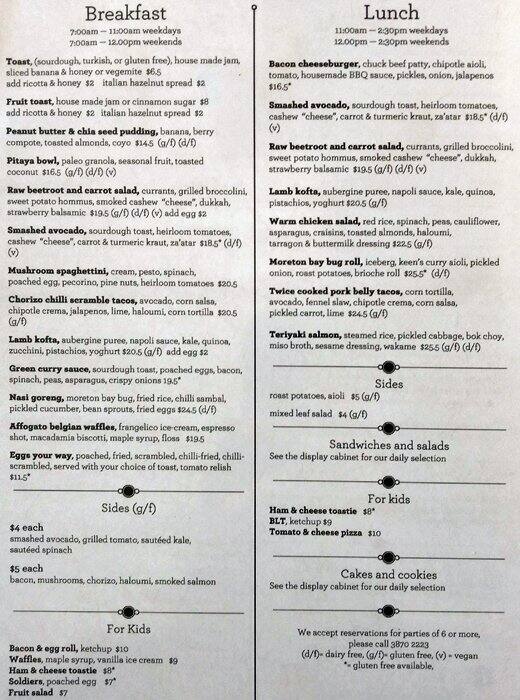 Corner Store Cafe menu, Menu restauracji Corner Store Cafe, Toowong ...