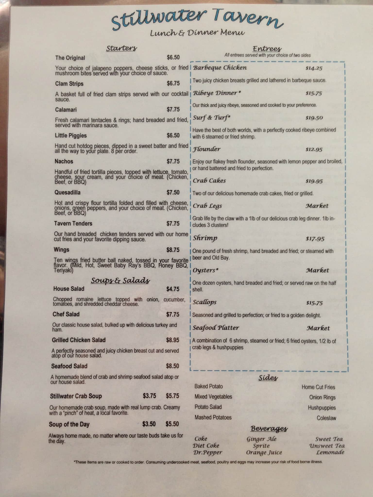 Menu at Stillwater Tavern pub & bar, Hampton