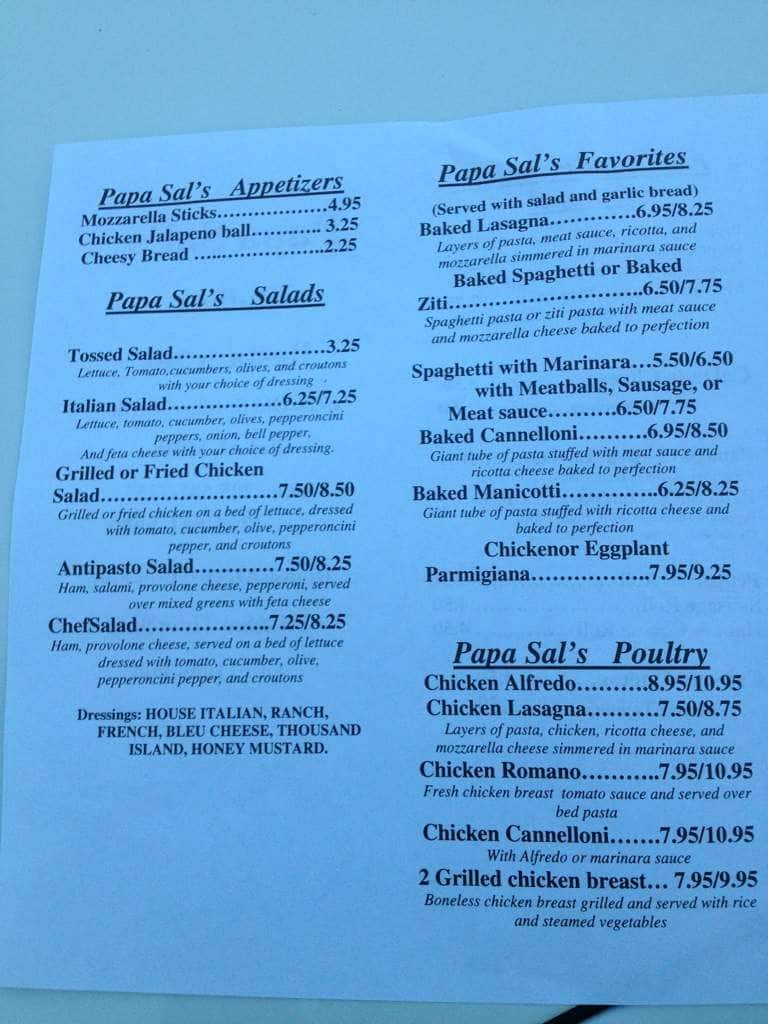 Menu at Papa Sal's Italian Restaurant, Pinson