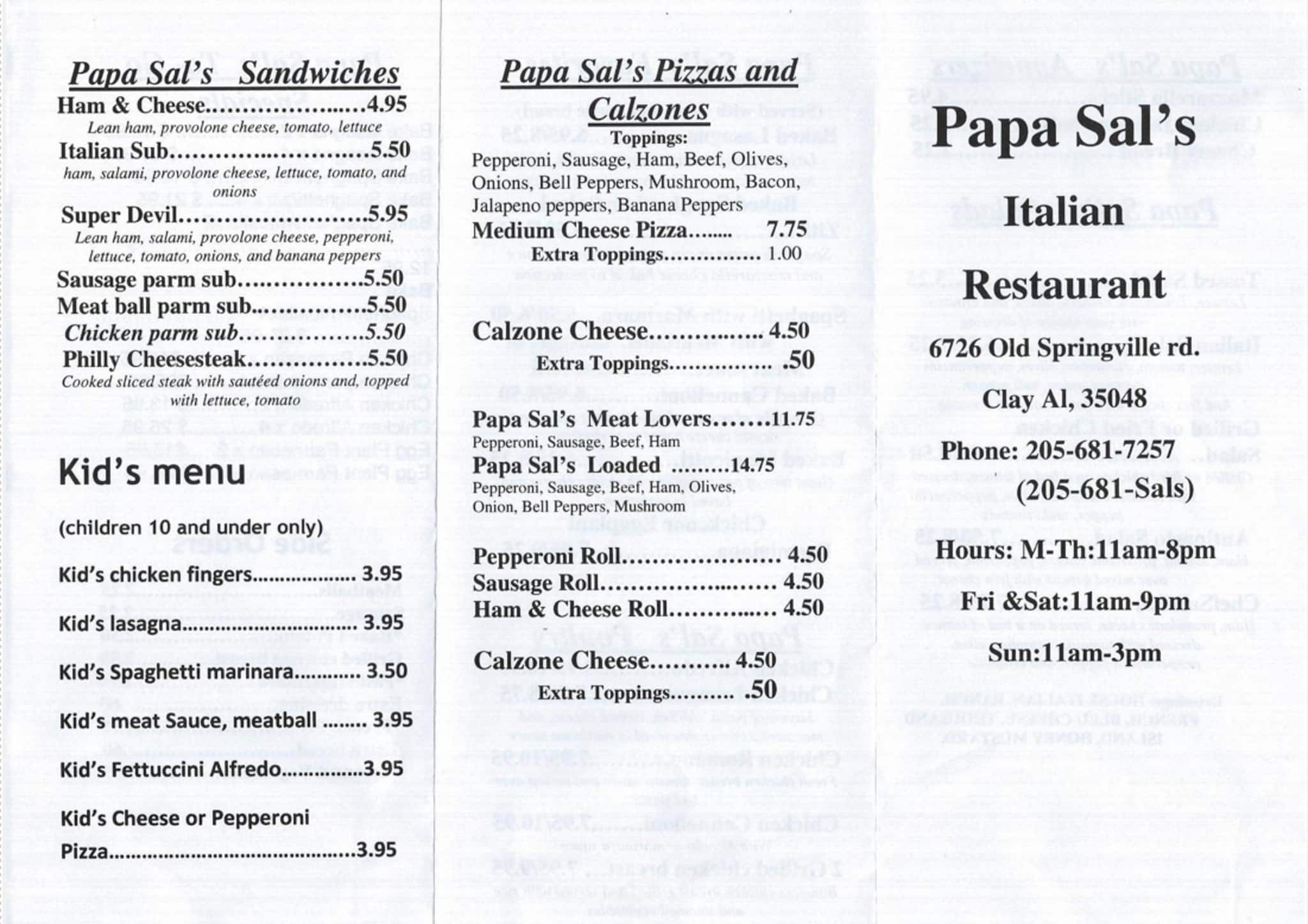Menu at Papa Sal's Italian Restaurant, Pinson