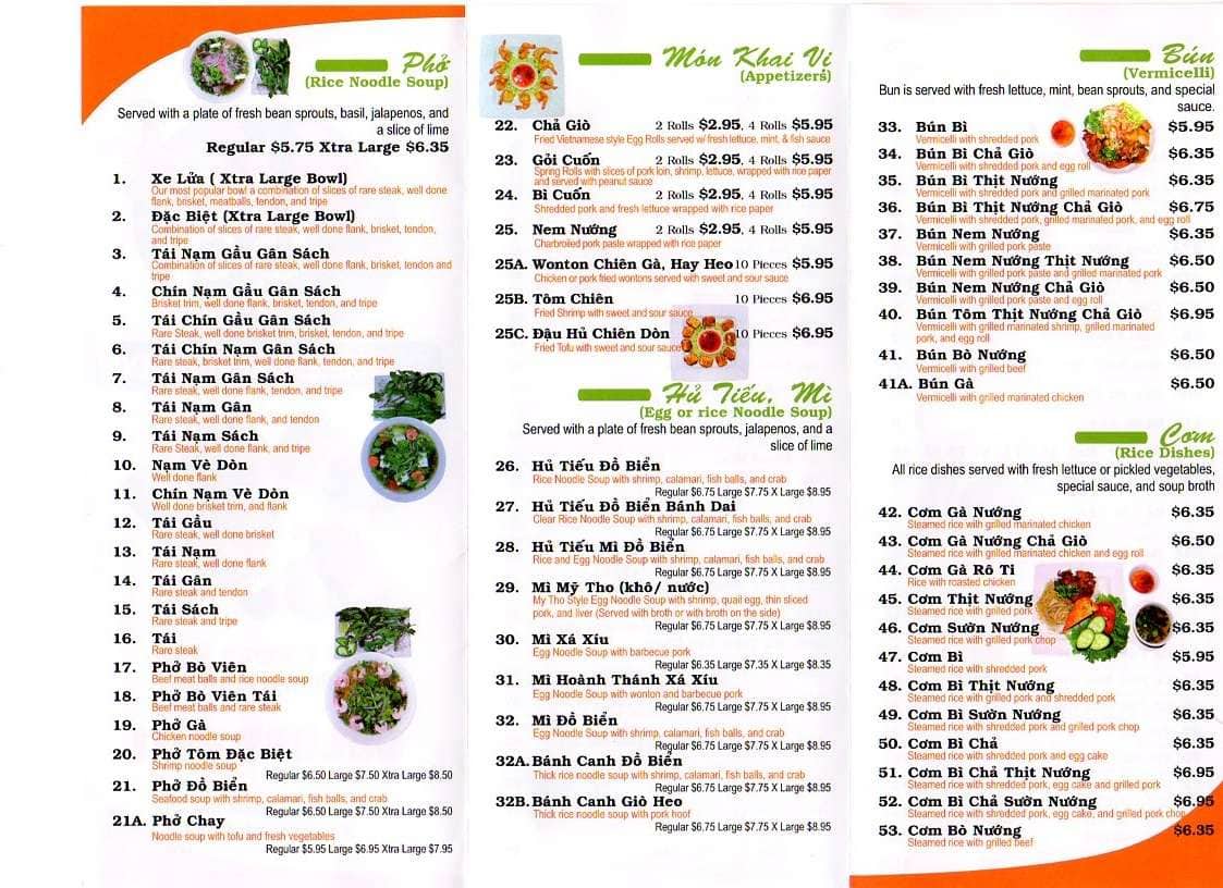 Menu at Phở 99 Vietnamese Restaurant, Riverside