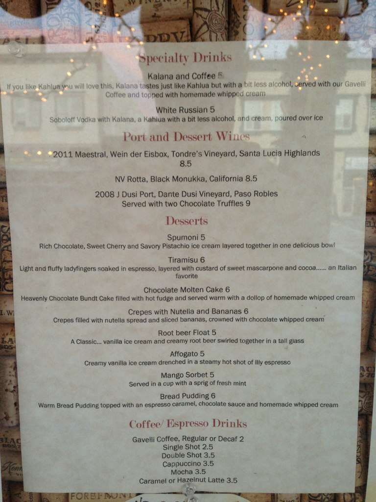 Menu at Cafe Della Via, Cayucos