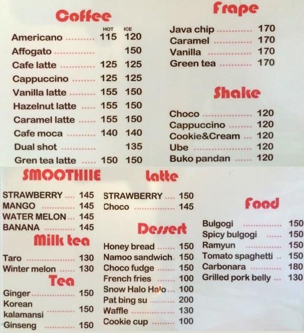 Menu at Cafe Namoo, Mandaue City, 8WGM+C6R