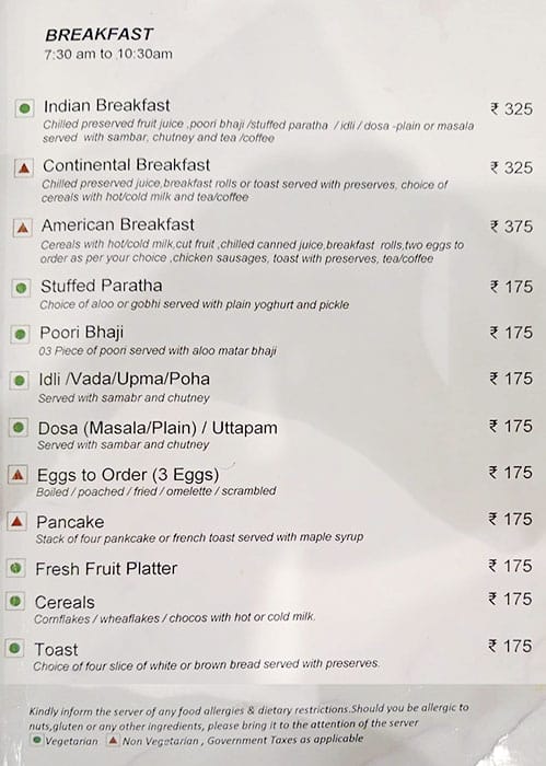 Menu of The Bougainvillaea By The Fern Kesarval, Verna, Goa