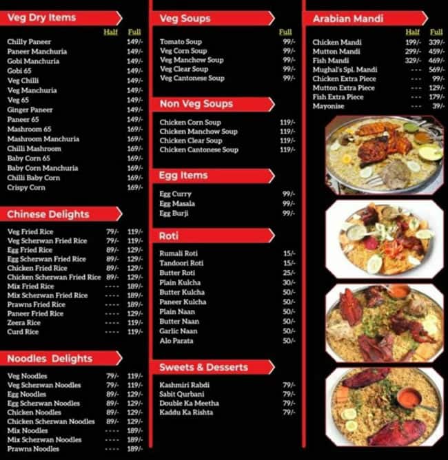 Menu of Mughals Mandi, Attapur, Hyderabad