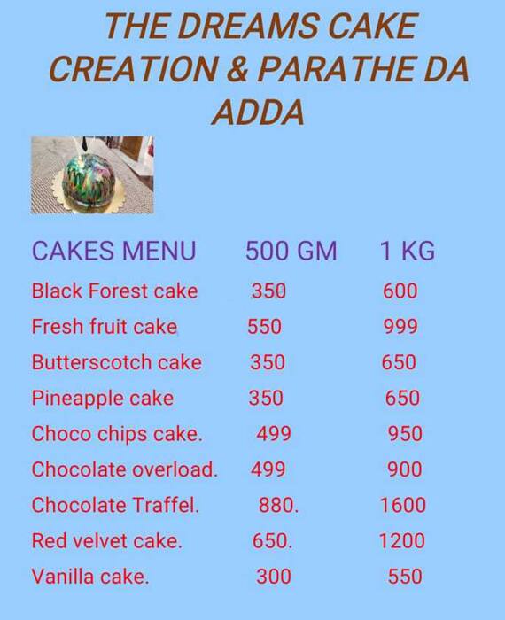 Menu at The Dreams Cake Creation & Parathe Da Adda, Raipur