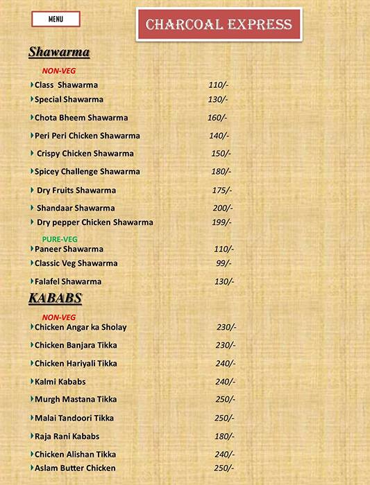 Menu of Charcoal Express, Attapur, Hyderabad