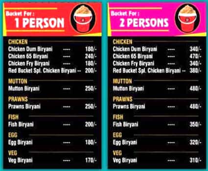 Menu of Red Bucket Biryani, Shamirpet, Hyderabad