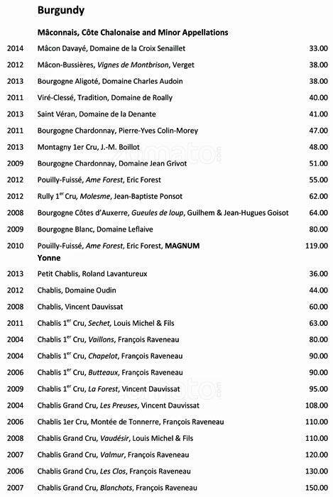 Menu at Chez Bruce restaurant, London