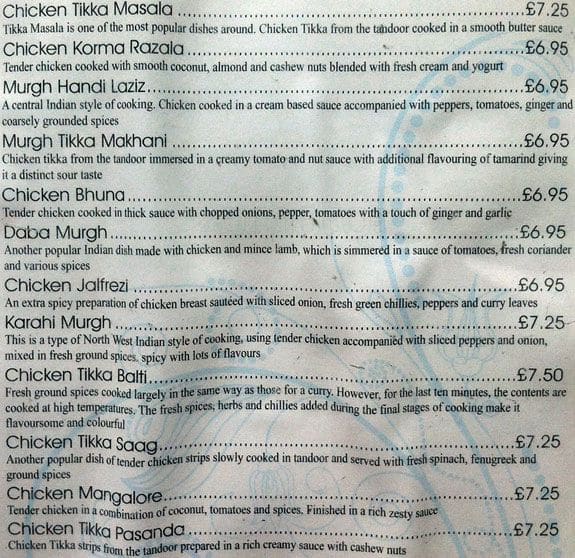 Menu at The Chutney restaurant, London, 11 Alma Rd
