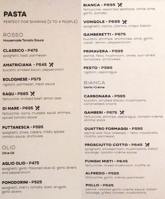 Menu at Little Italy restaurant, San Juan