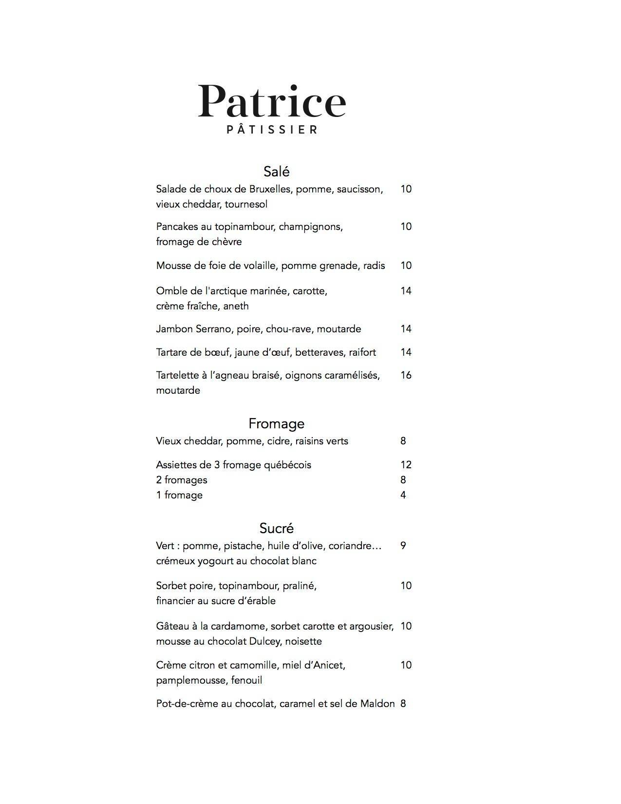 Menu at Patrice Pâtissier cafe, Montreal