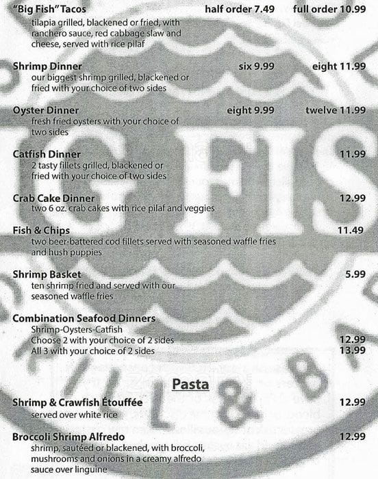 Menu at Big Fish Seafood Grill & Bar, Grapevine